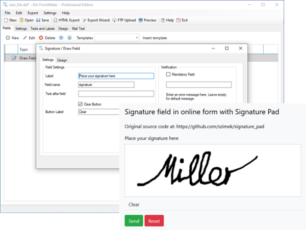 Signature field in HTML form DA-Software
